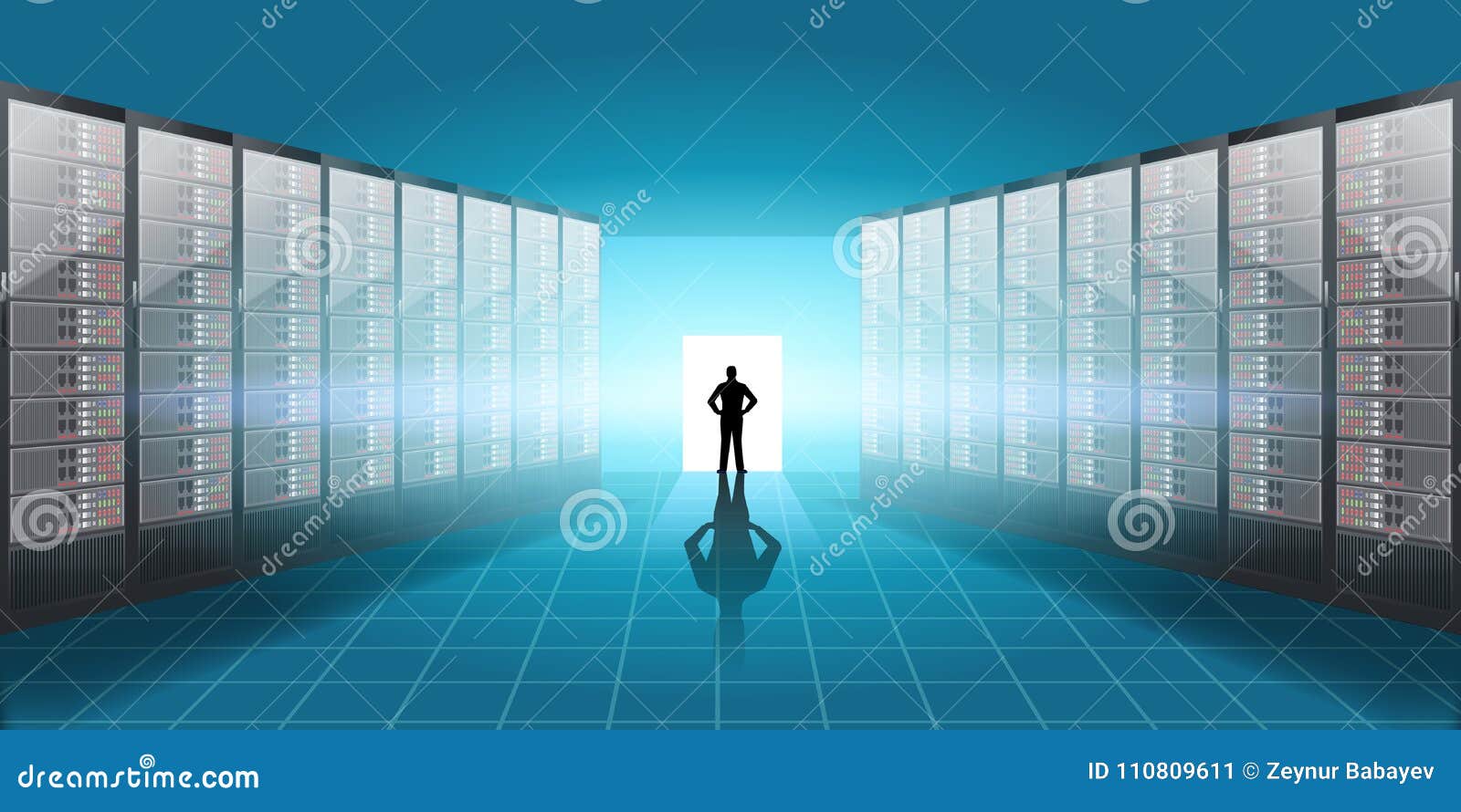 Vector Realistic Server Room Illustration, Man Silhouette in the Door ...