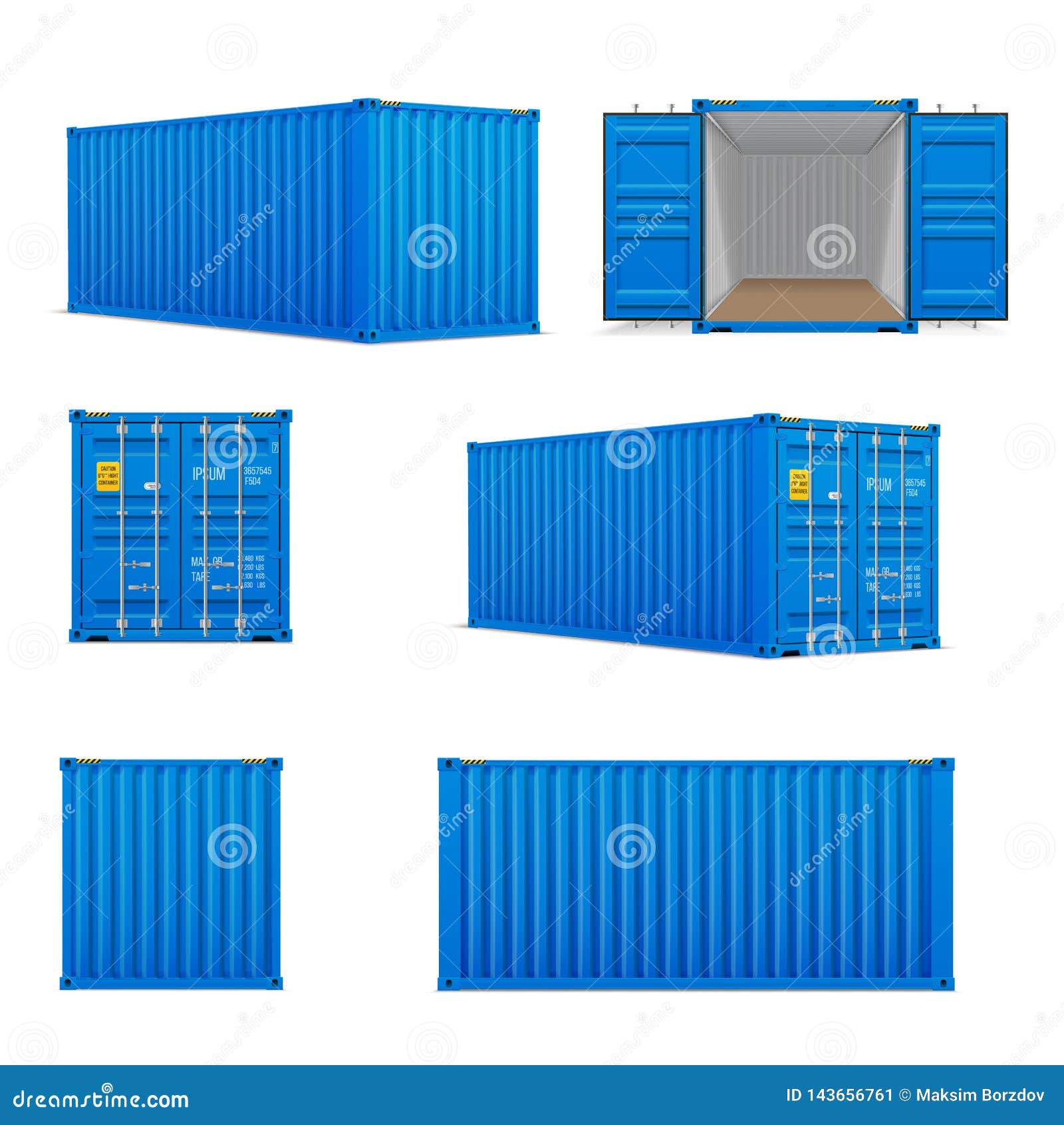 Realistic Set of Bright Blue Cargo Containers. Front, Side Back and ...