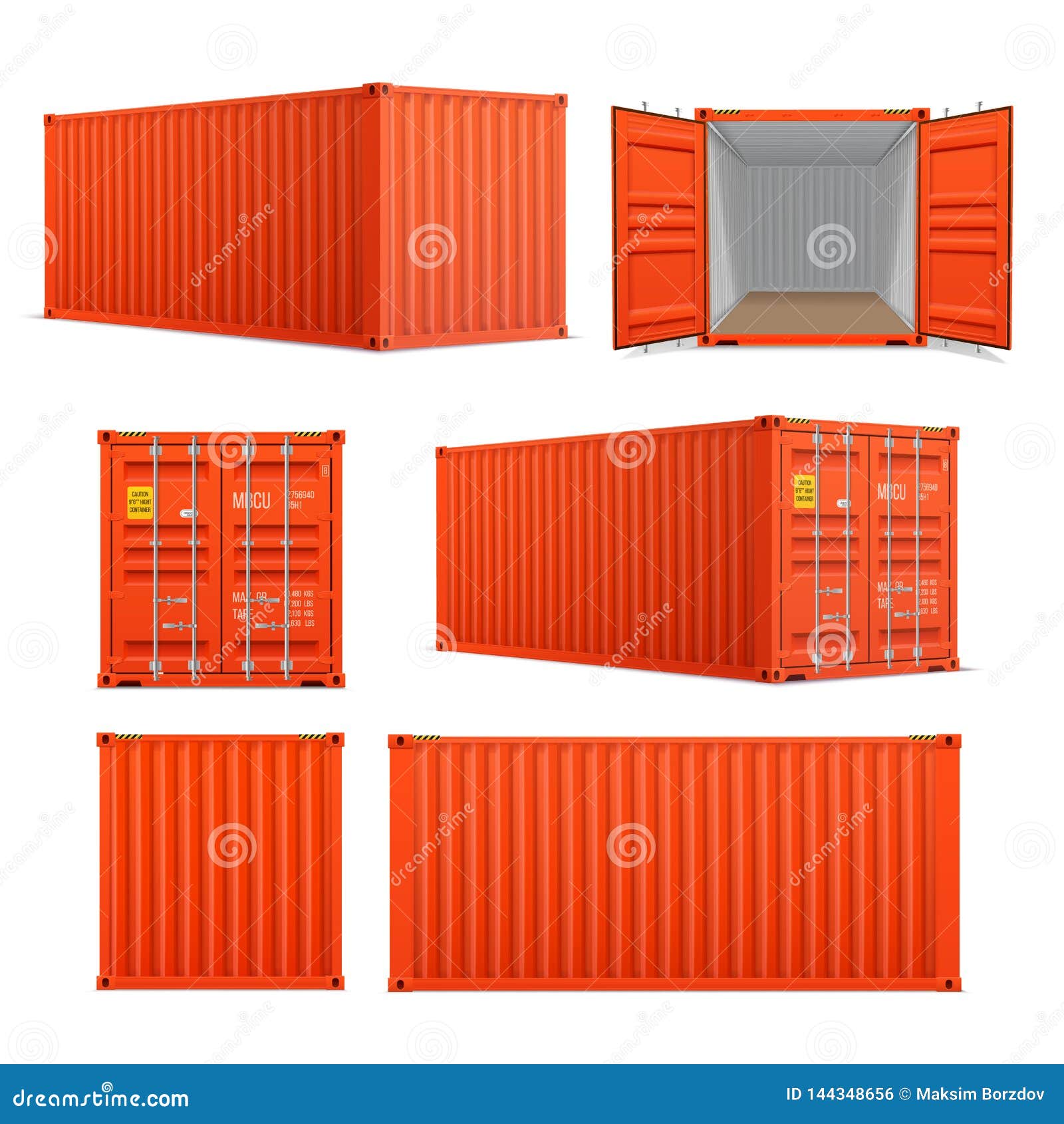 Realistic Set of Bright Red Cargo Containers. Front, Side Back and ...