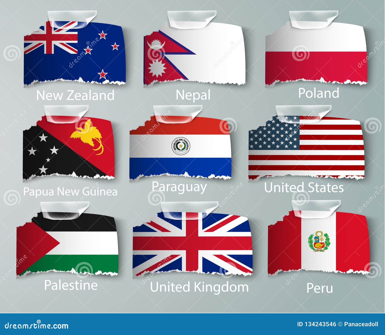 Realistic Set of Flags of Paper of Countries with Tapes Stock ...