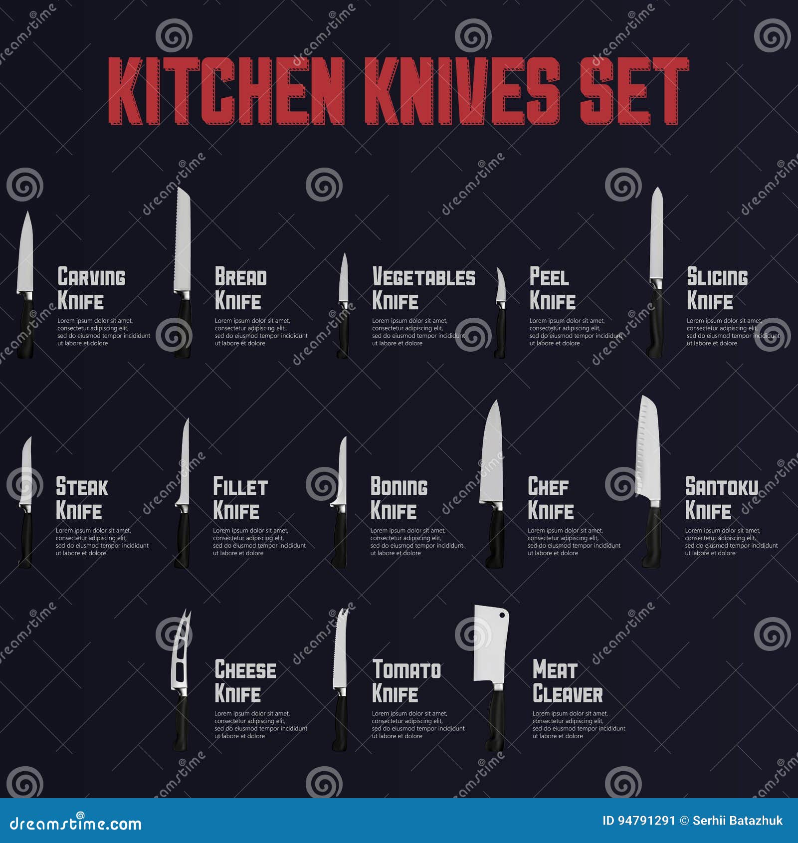 Realistic Set of Kitchen Knives with Names. Vector Illustration. Stock ...