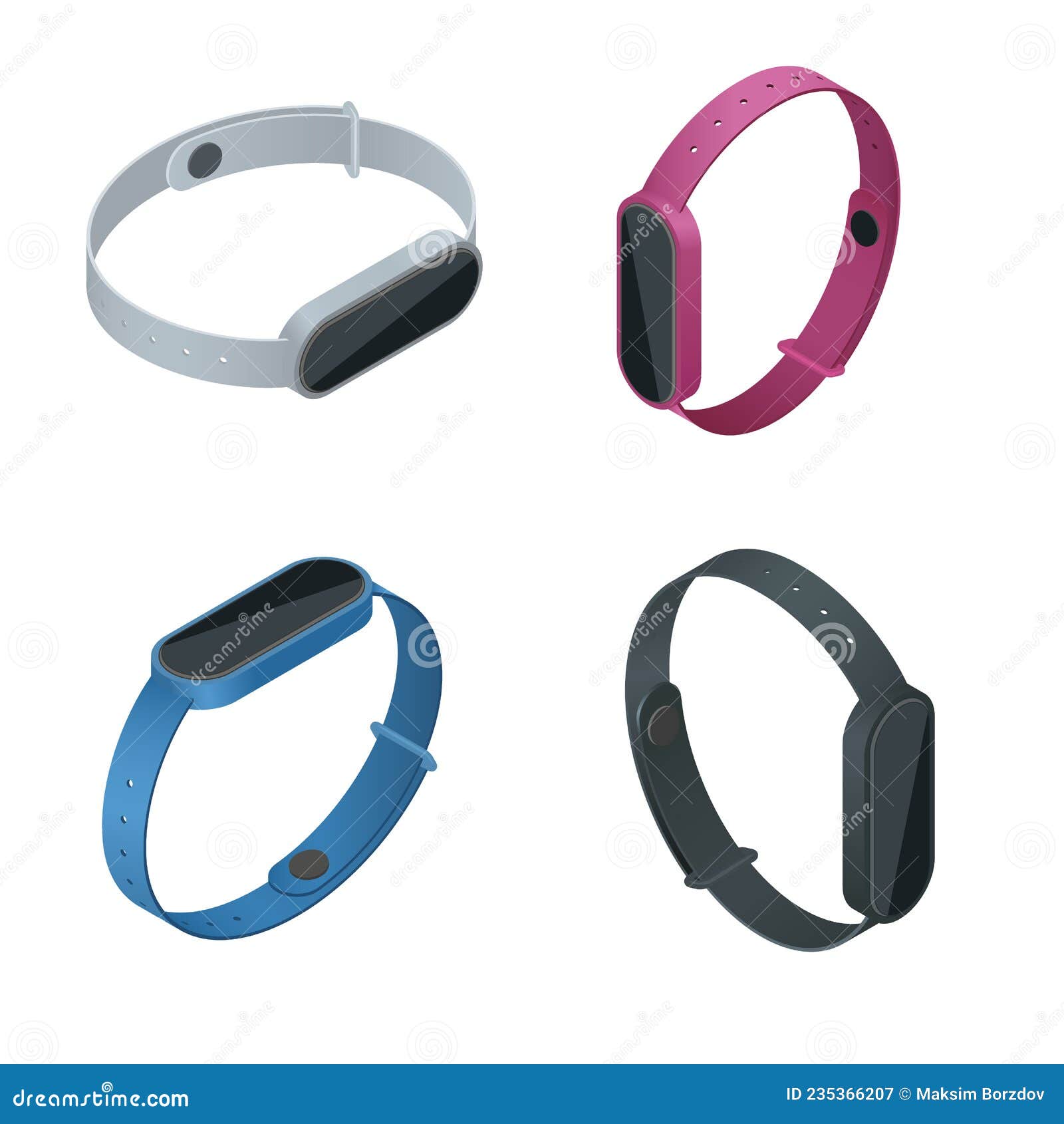 Realistic Set of Multi-colored Fitness Activity Bracelets. Isometric ...