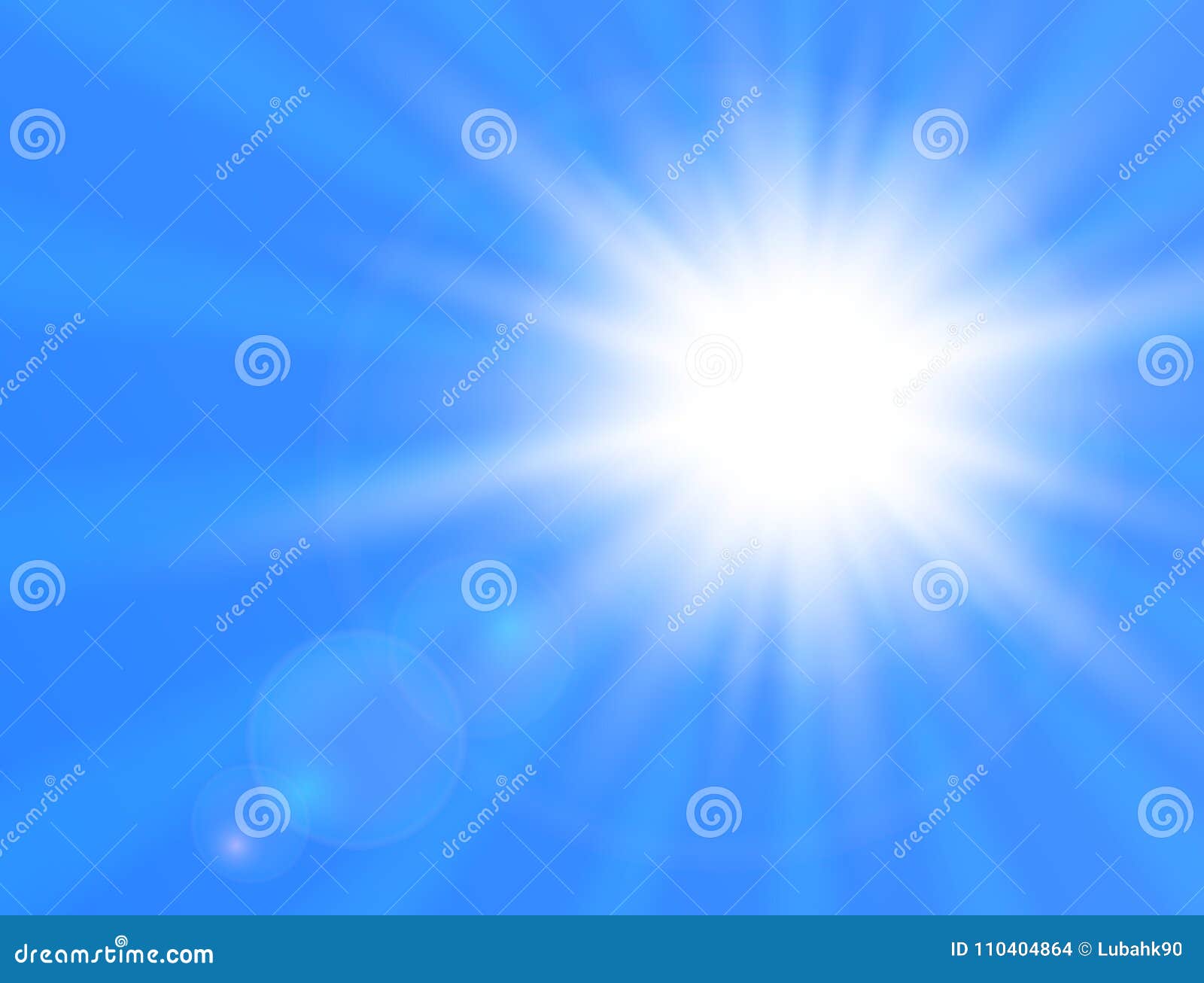 Realistic Shining Sun On Blue Background. Sun With Lens Flare. Vector ...