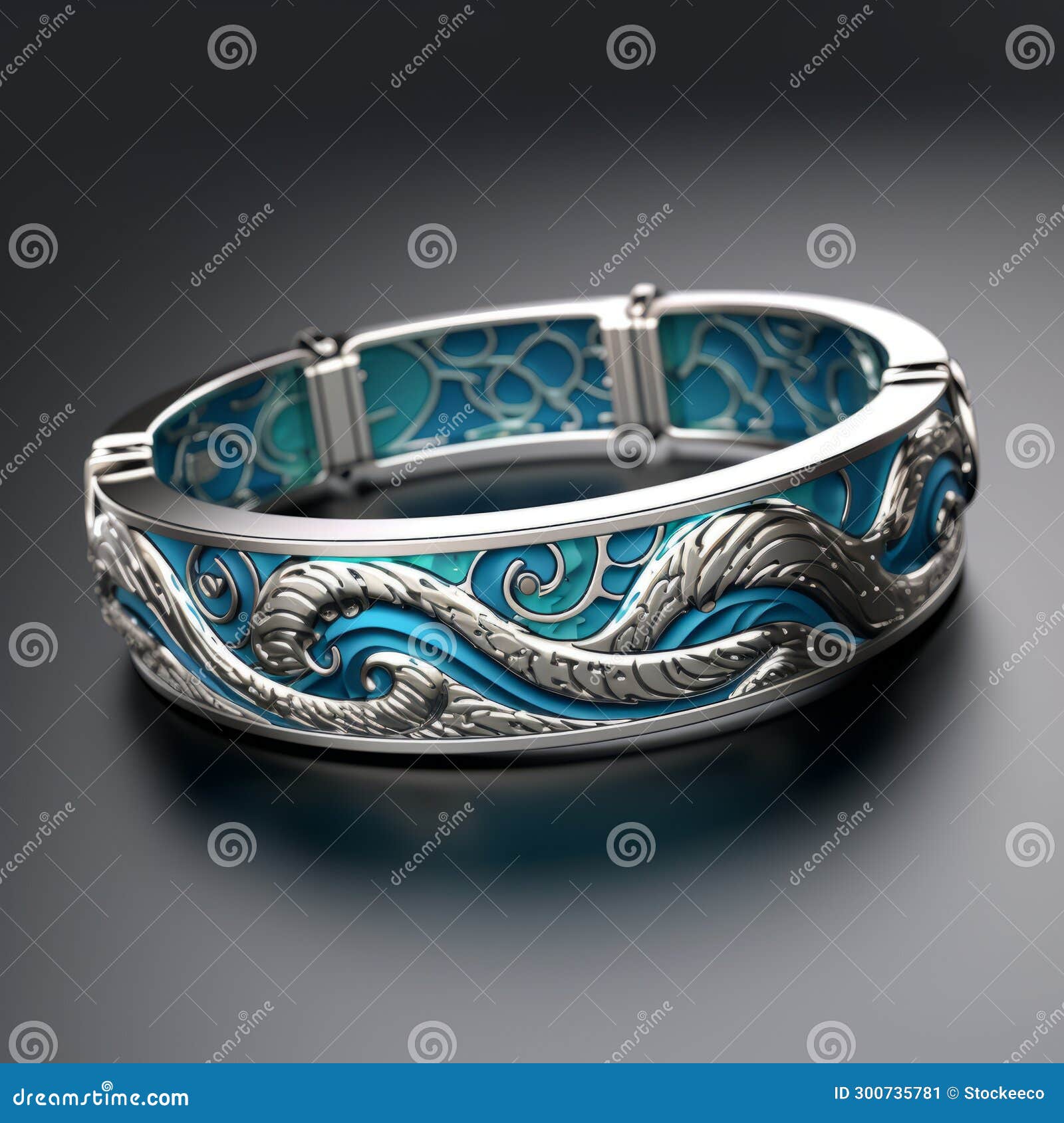 Realistic Silver Bangle with Blue and Silver Wave Pattern Stock ...