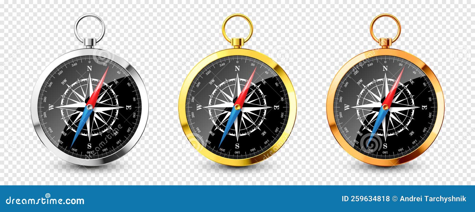Realistic Silver And Golden Vintage Compasses Marine Wind Rose And Cardinal Directions Of North