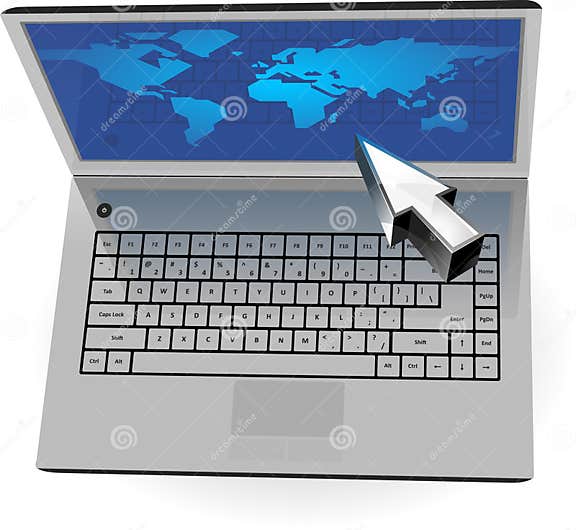 Realistic Silver Laptop with Blue Map and Cursor Stock Vector ...