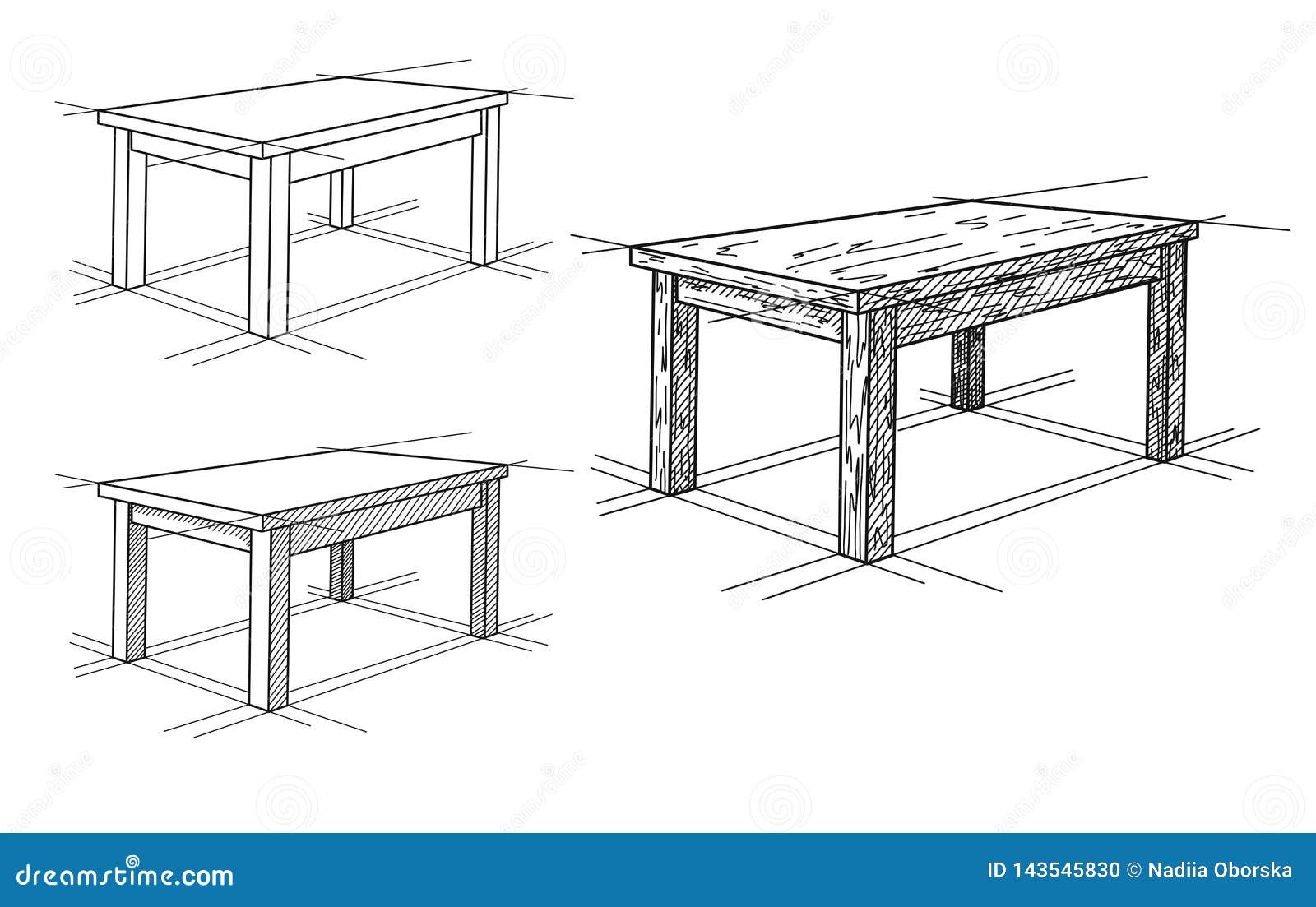 Realistic Sketch of Different Tables in Perspective. Table Set Stock ...