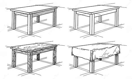 Realistic Sketch of Different Tables in Perspective. Table Set Stock ...