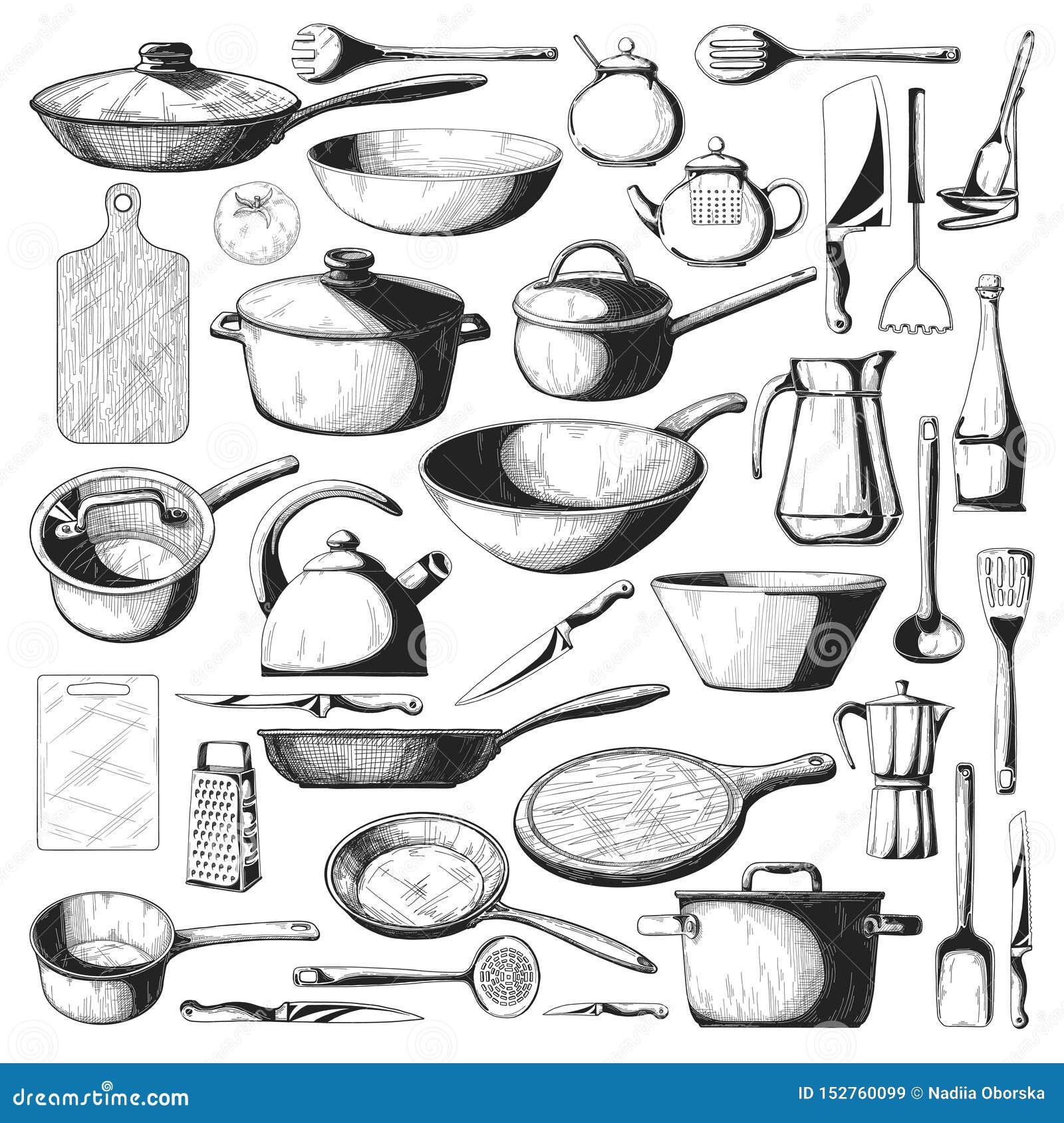 Realistic Sketch of Tableware. Big Set of Dishes Stock Illustration ...