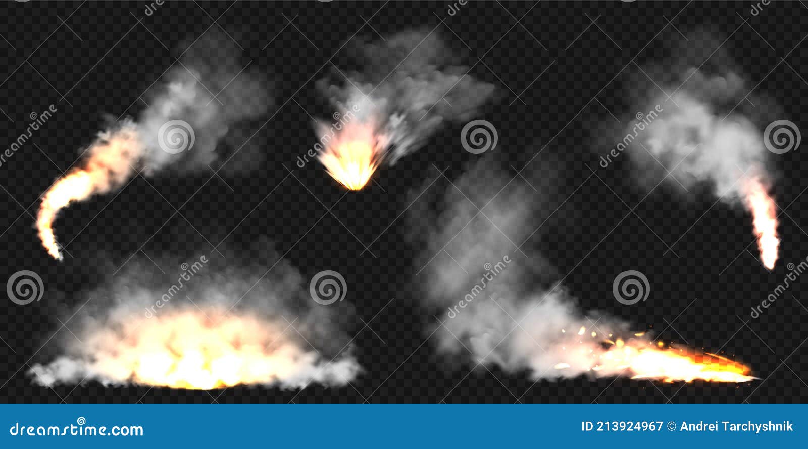 Realistic Smoke Clouds and Fire. Flame Blast, Explosion. Stream of ...