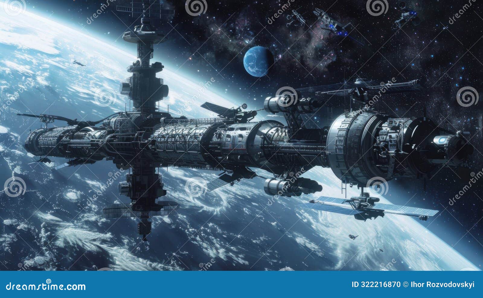 Realistic Space Station in Space with View of Planets and Starry Sky ...