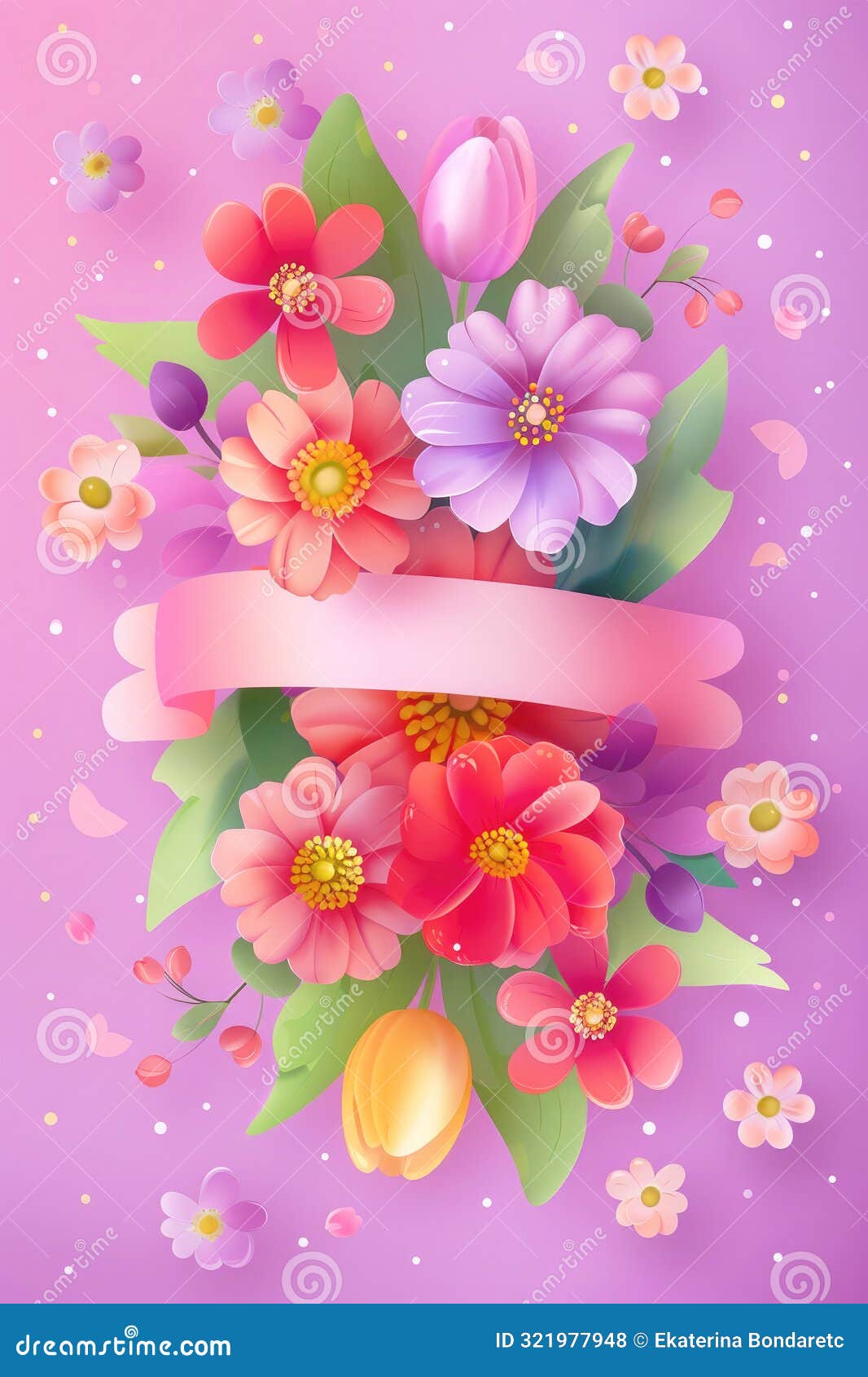 Realistic Spring Illustration with Flowers and Ribbon, Card, Copy Space ...