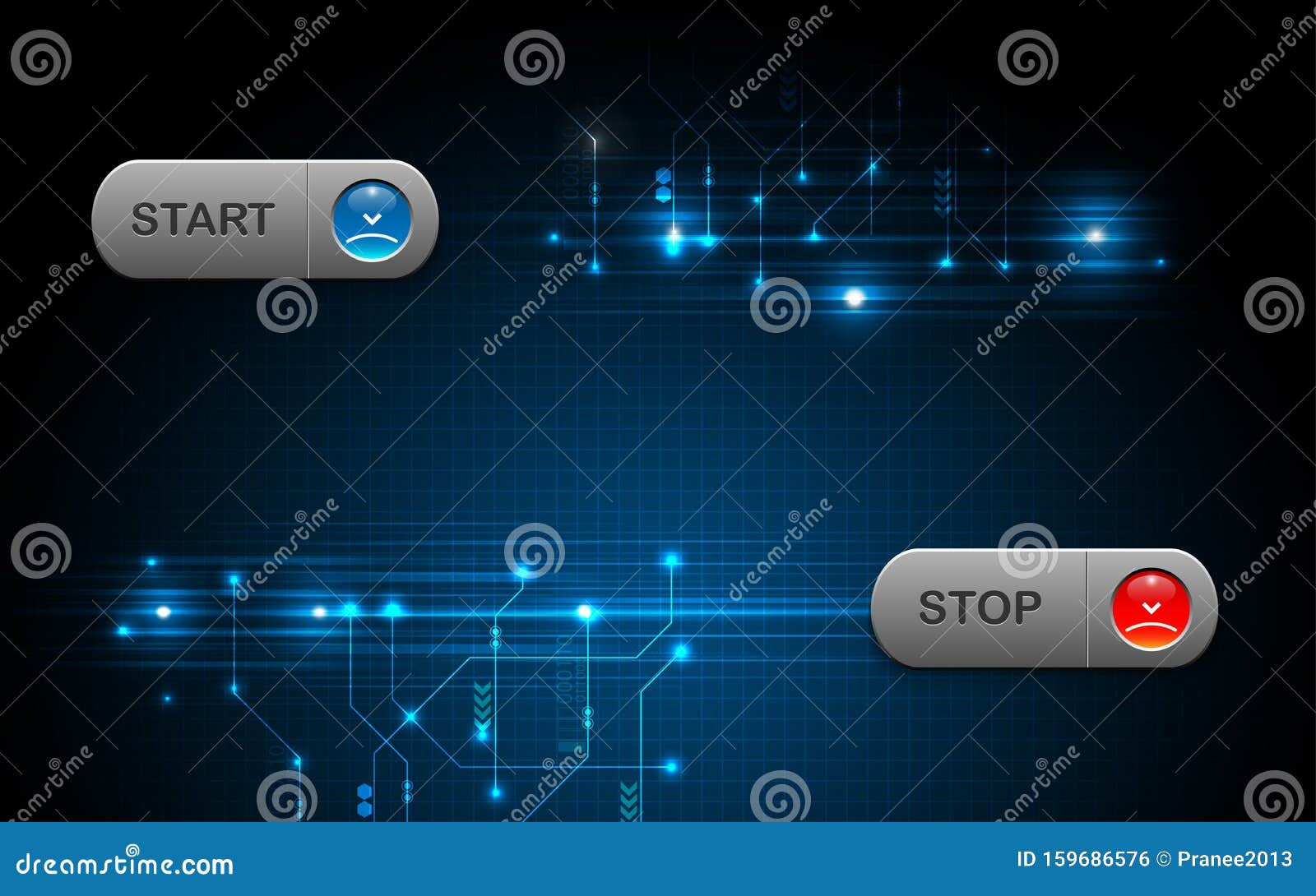 Realistic Start and Stop Button on Blue Abstract Technology Stock ...