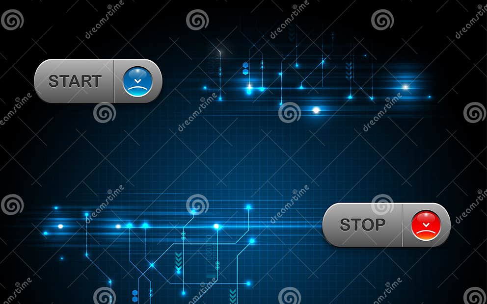 Realistic Start and Stop Button on Blue Abstract Technology Stock ...