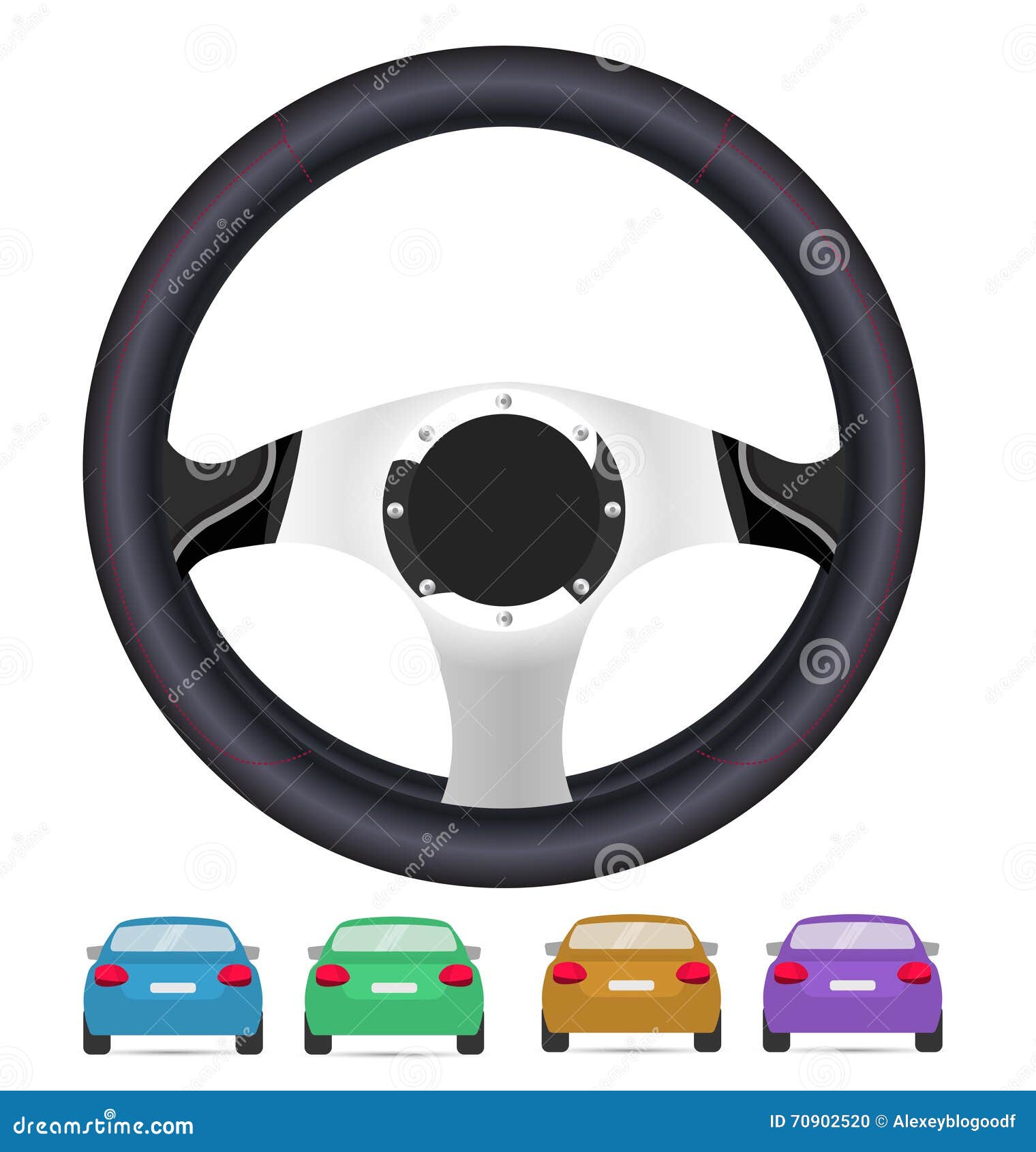 Realistic Steering Wheel and Set of Back of Cars in Vector on White ...
