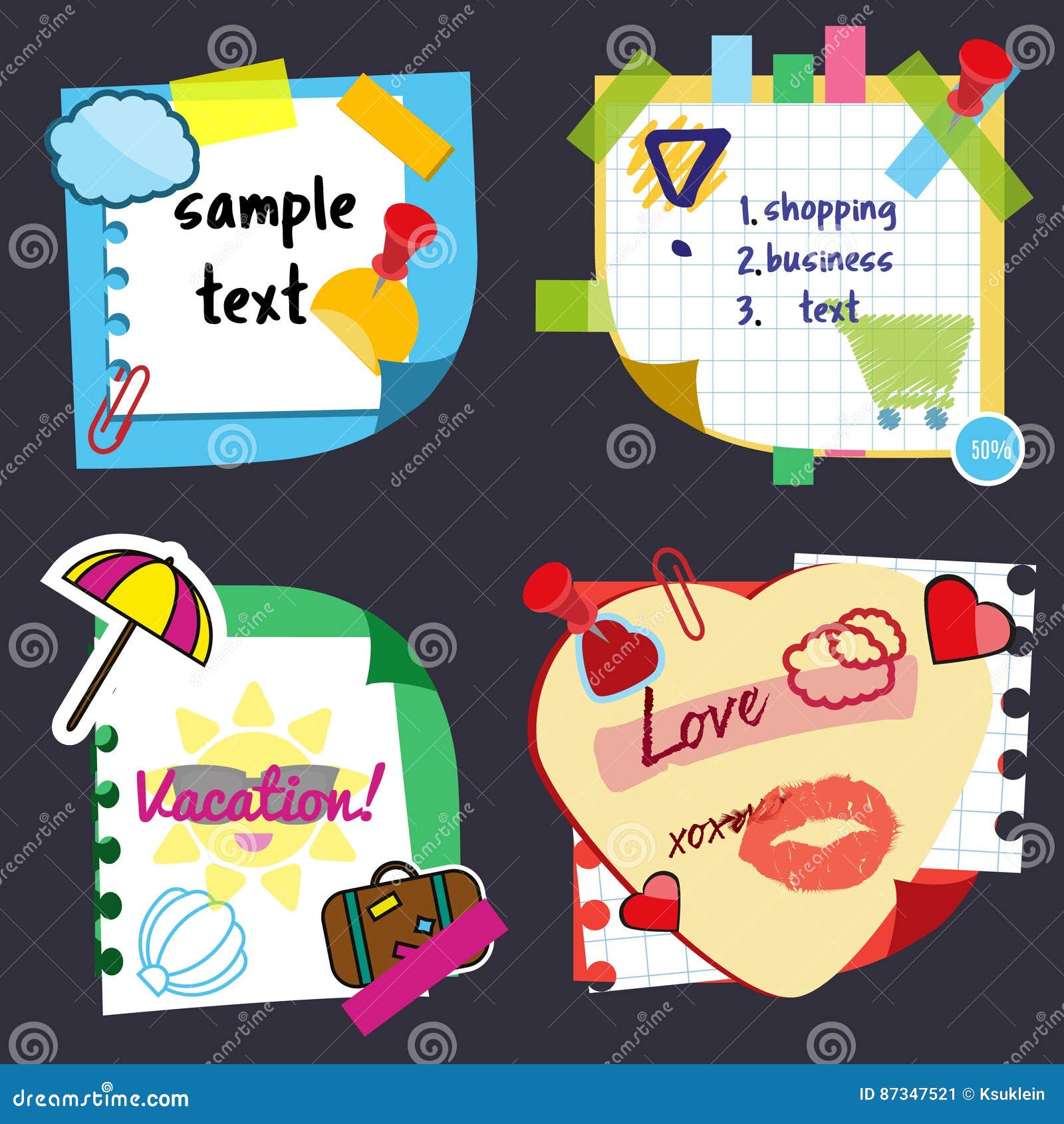 Realistic Sticky Notes Sheets With Stickers, Sample Text And Decorative ...