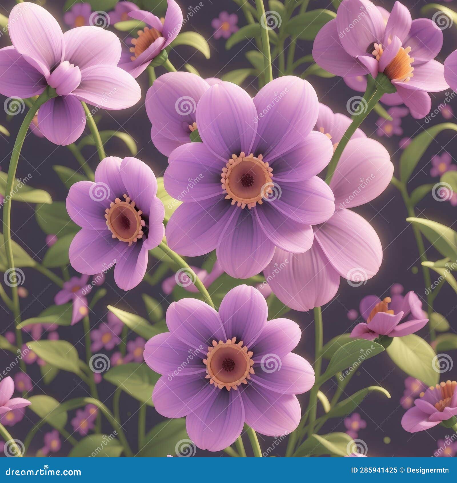 Realistic Style Violet Daisy Flowers Seamless Pattern Stock ...