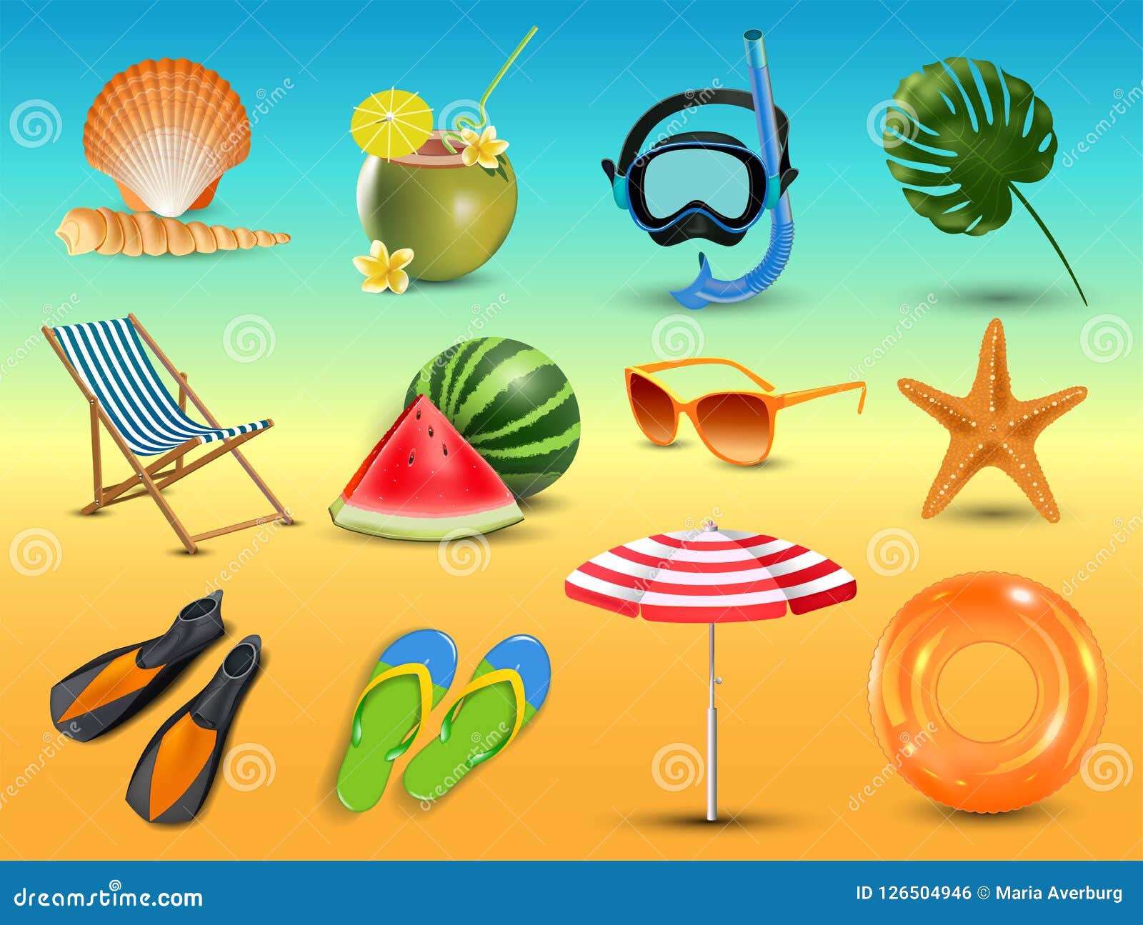 Vector Illustration of Realistic Summer Holidays Seaside Beach Icons ... Vector Illustration of Realistic Summer Holidays Seaside Beach Icons ...