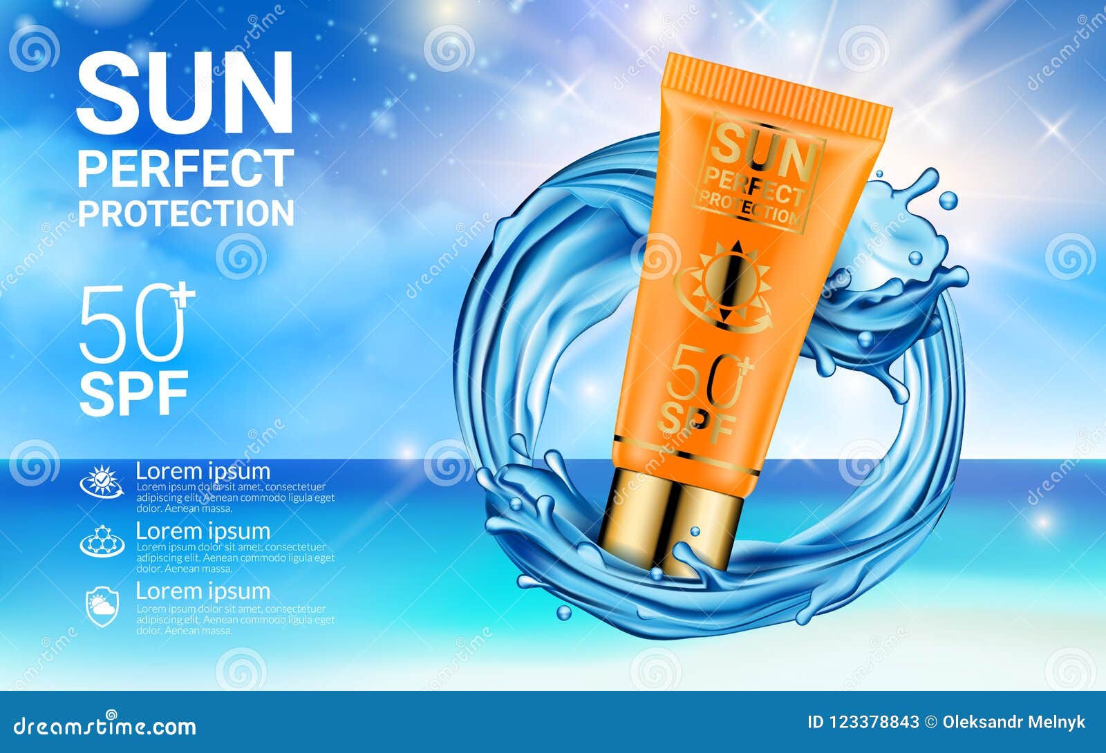 Realistic Sunscreen Cosmetics In Orange Plastic Packaging On Sea Wave Whirlpool Background