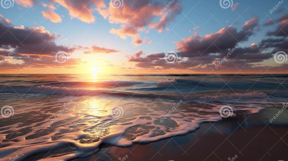 Realistic Sunset Beach Scene Captured in Image Stock Illustration ...
