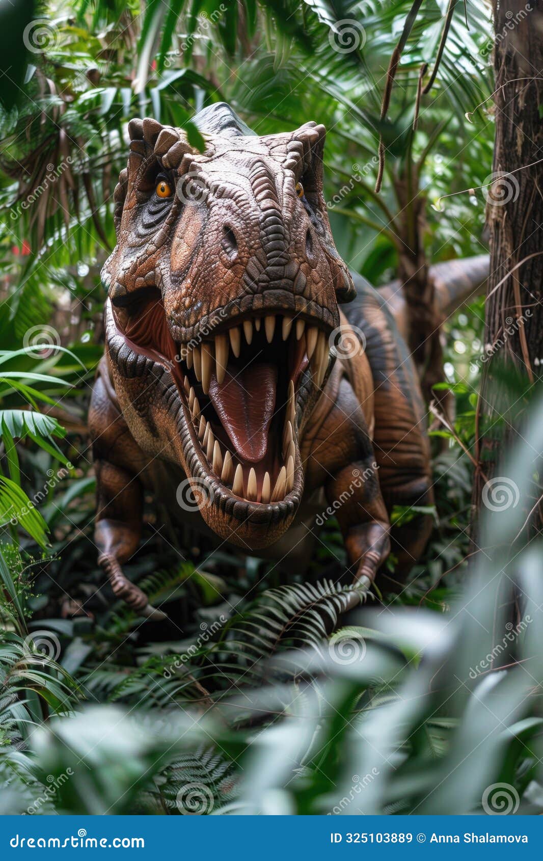 Realistic T-Rex in Junglelike Setting with Mouth Open and Sharp Teeth ...