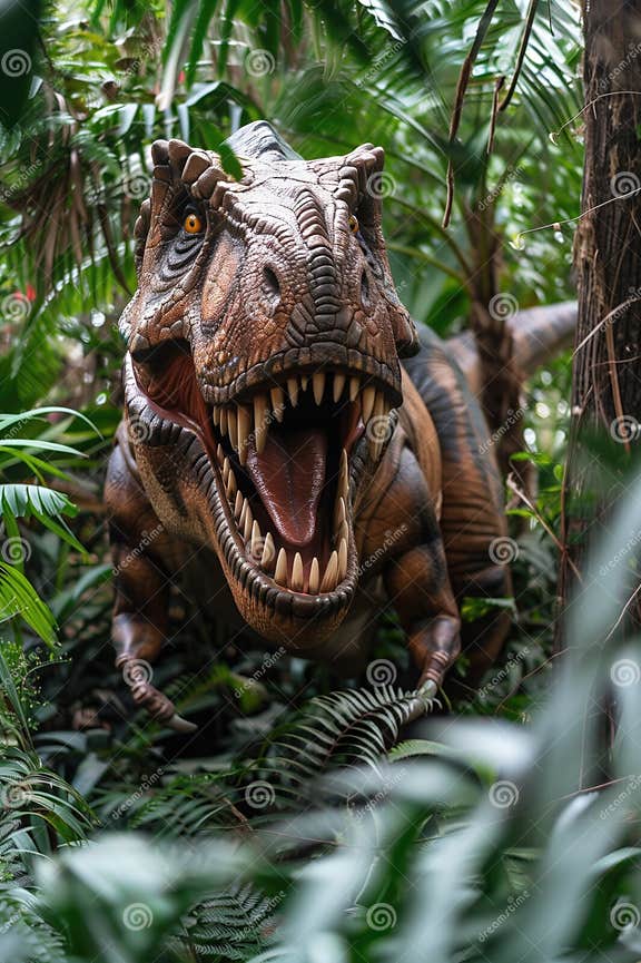 Realistic T-Rex in Junglelike Setting with Mouth Open and Sharp Teeth ...