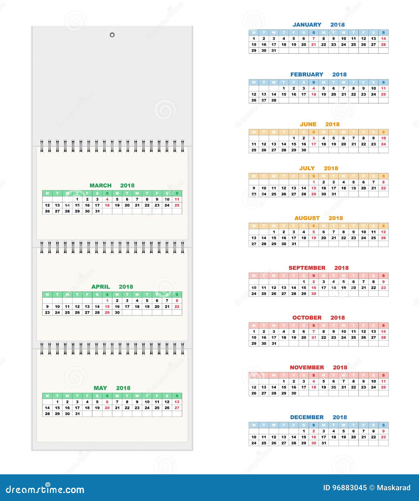 Set Of Realistic Tear Off Calendars Of Different Colors. Weekly Red ...