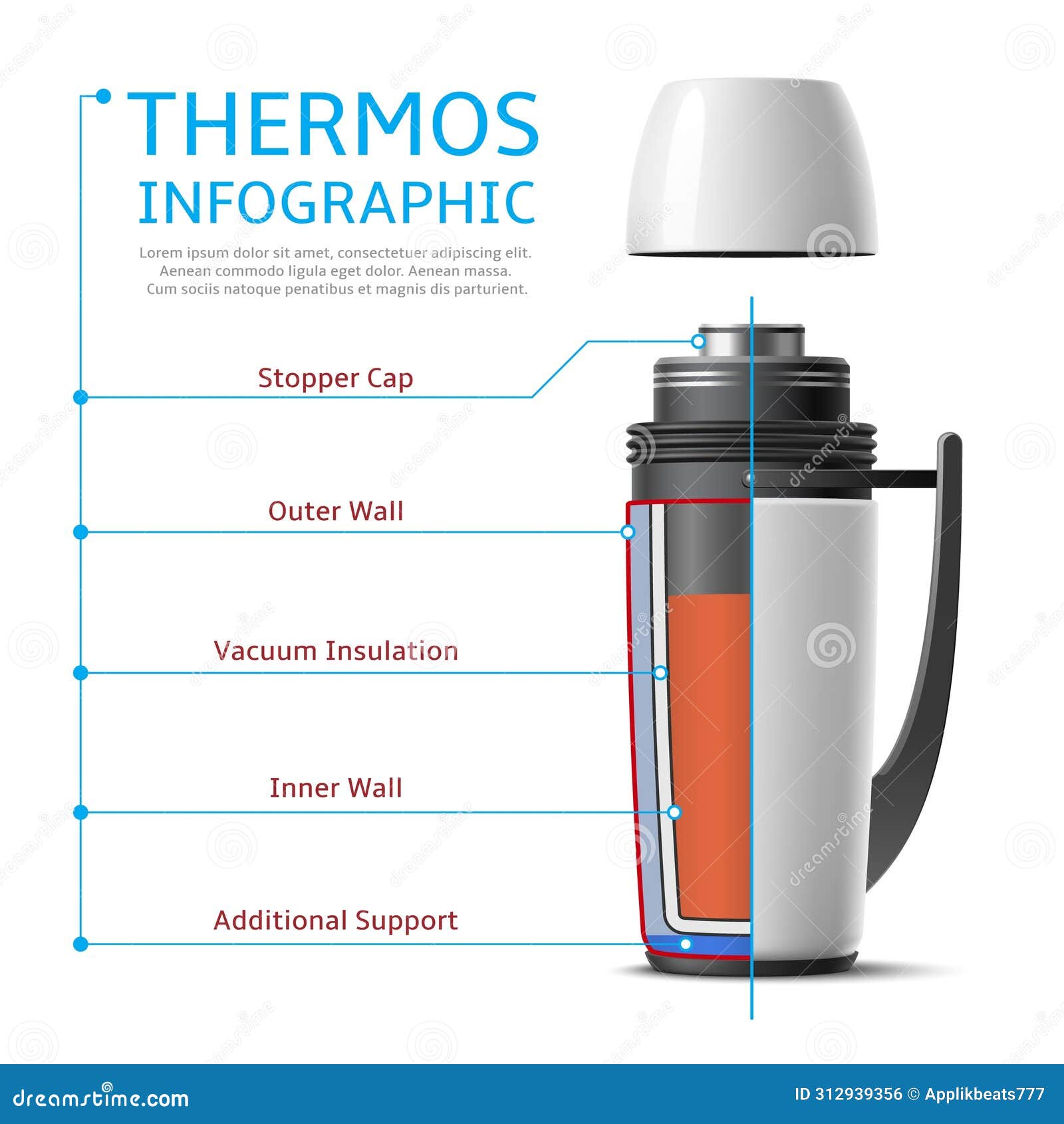 Realistic Thermos Infographic. Long Lasting Heat, Flask Structure ...