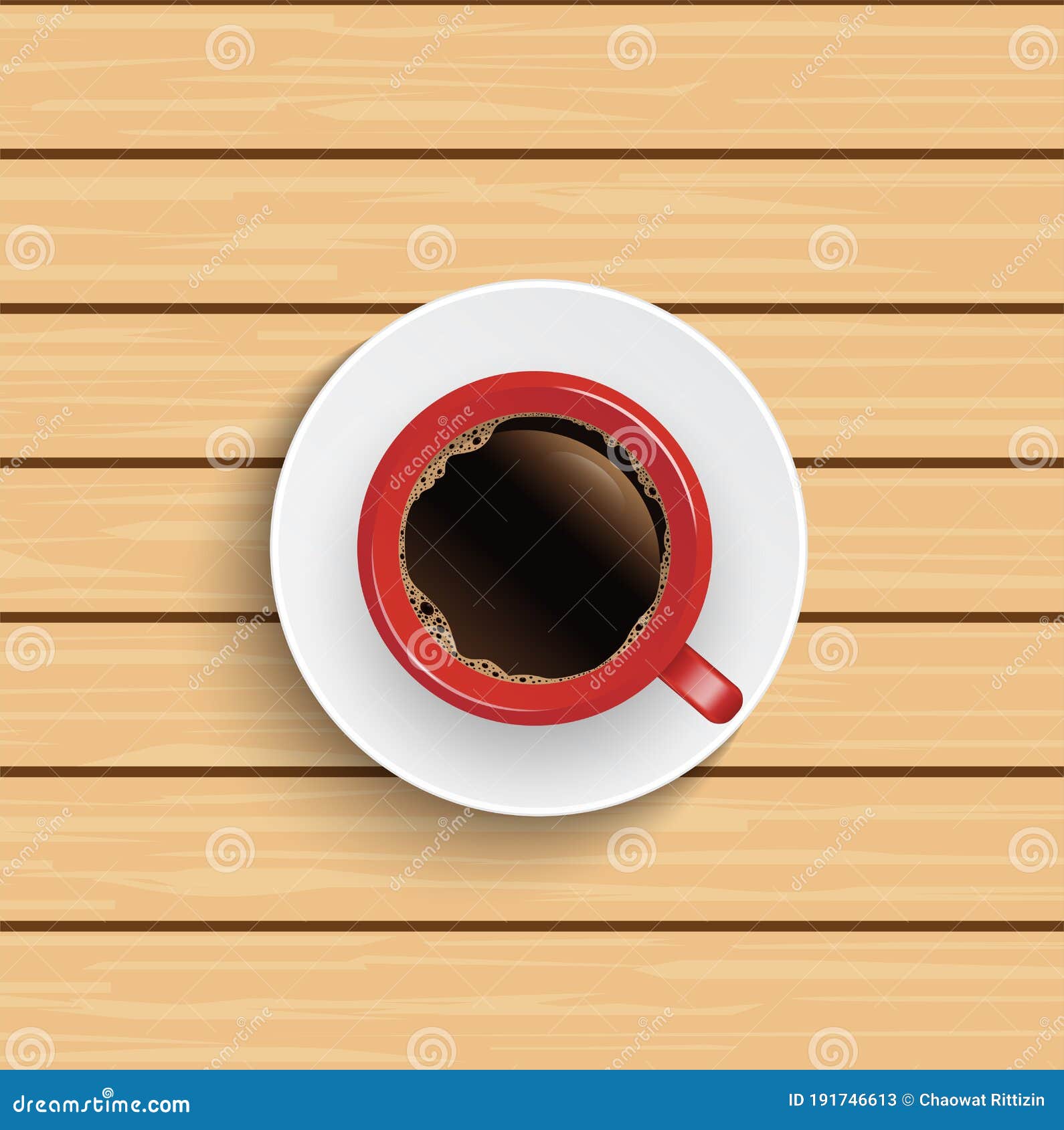 Realistic Top View Red Coffee Cup on Wooden Table Stock Image - Image ...