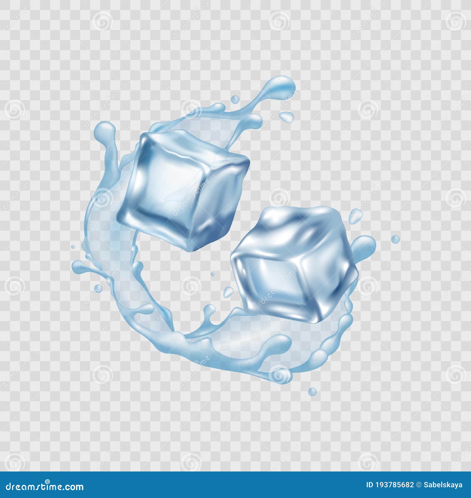 Realistic Translucent Blue Ice Cubes and a Splash of Water on a ...