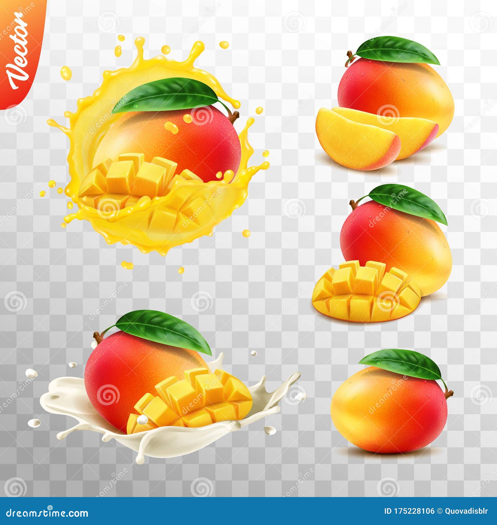 3d Realistic Transparent Isolated Vector Set, Whole And Slice Of Mango ...