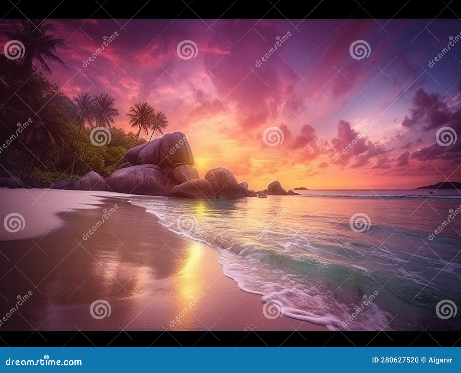Realistic Tropical Beach with Dramatic Sunset Stock Illustration ...