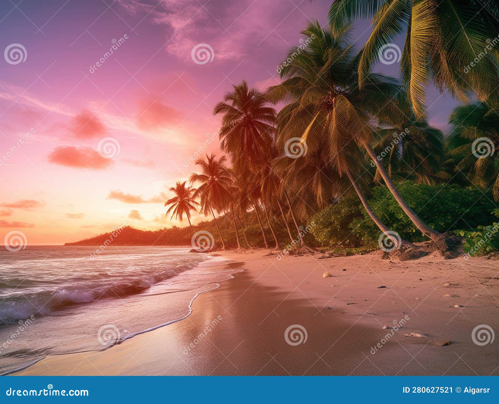 Realistic Tropical Beach with Dramatic Sunset Stock Illustration ...