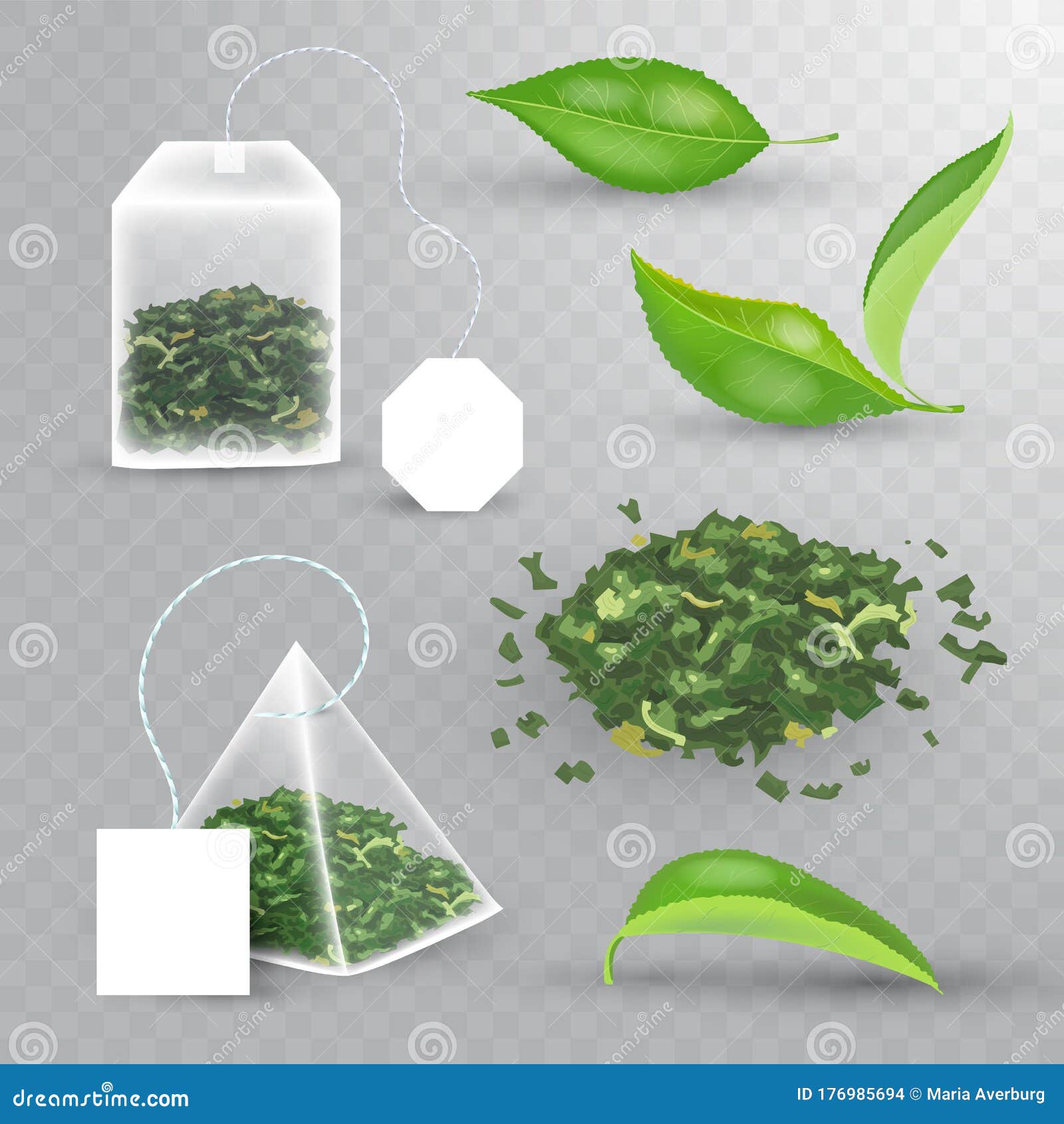 Realistic Vector Elements Set of Green Tea. Fresh Leaves, Pyramidal Tea ...