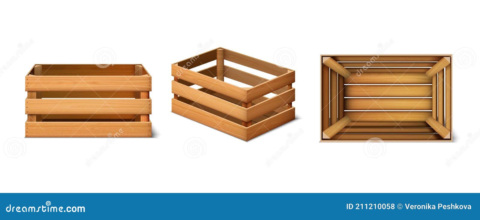 Realistic Vector Set Of Cargo Wooden Boxes In Side Front And Top View ...