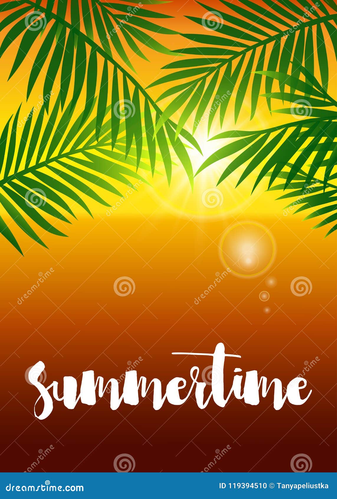 Realistic Vector Summer Sunset Poster with Palm Leaf Stock Vector ...