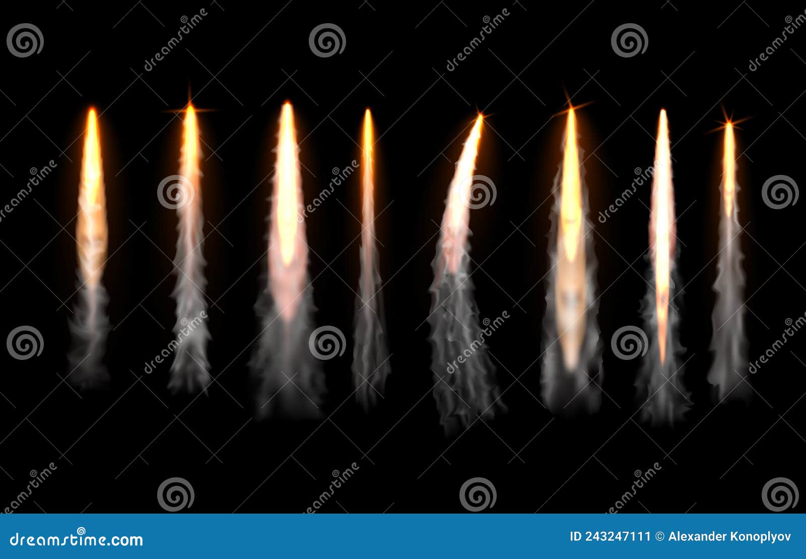 Realistic Vertical Fire and Smoke Rocket Trails Collection Vector ...