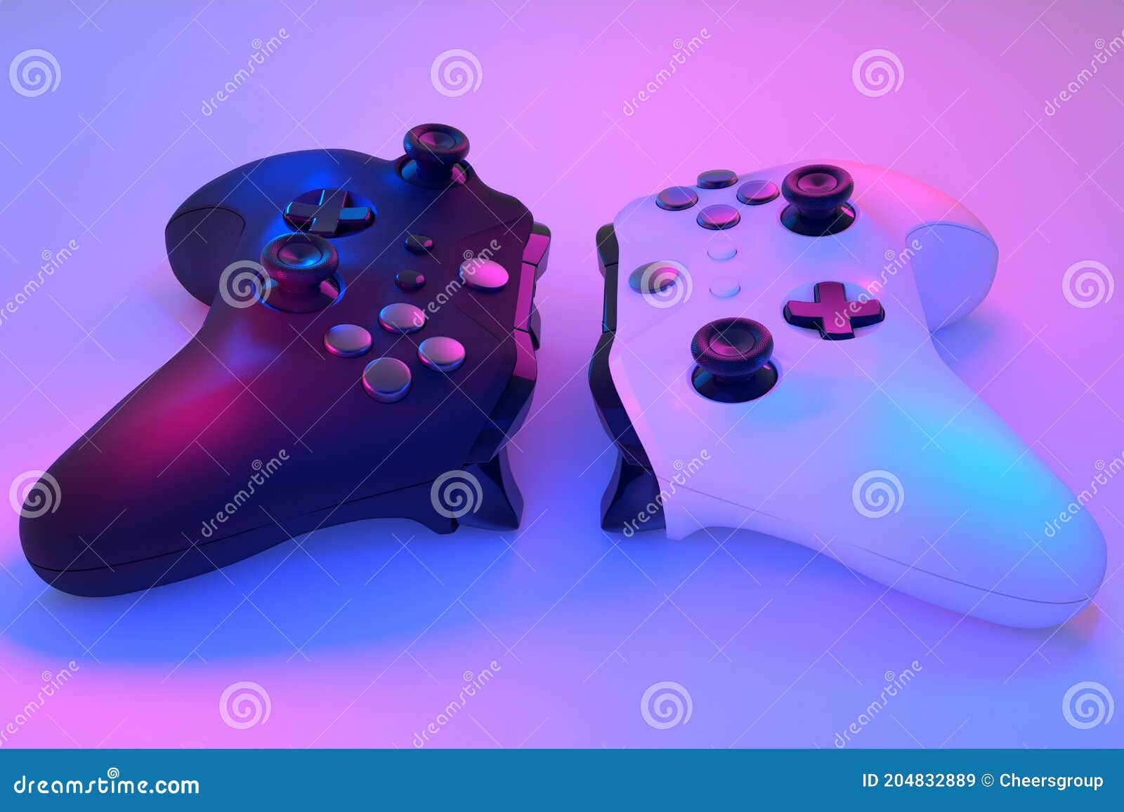 Realistic Video Game Controllers in Neon Lights on White Table ...