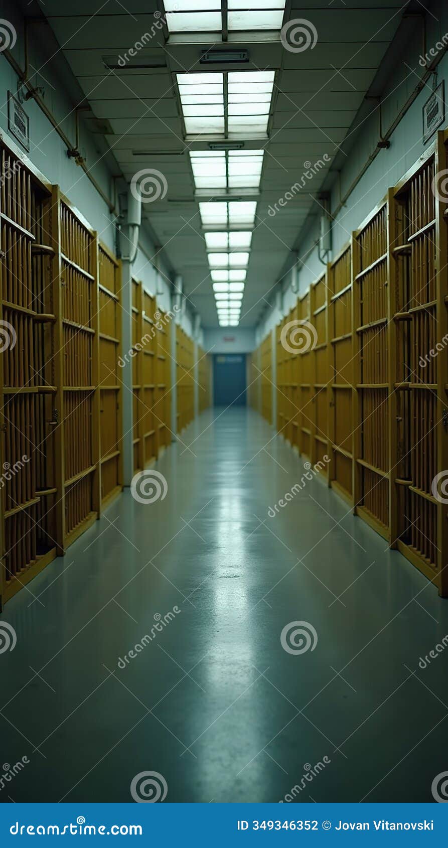Realistic View of an Empty Prison Corridor with Cell Rows Stock ...