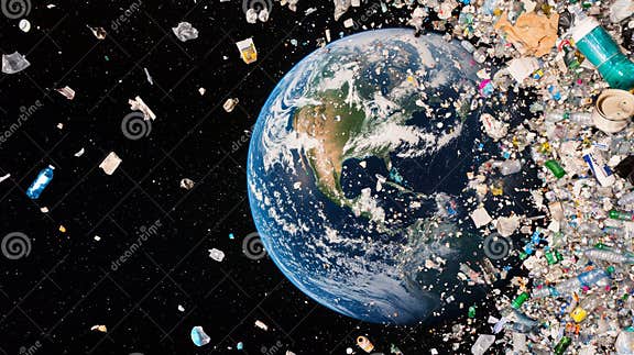 Plastic Waste Orbiting Planet Earth in Outer Space Stock Image - Image ...