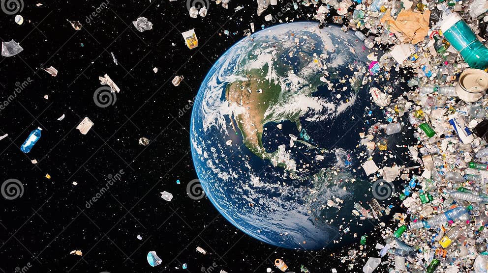 Plastic Waste Orbiting Planet Earth in Outer Space Stock Image - Image ...