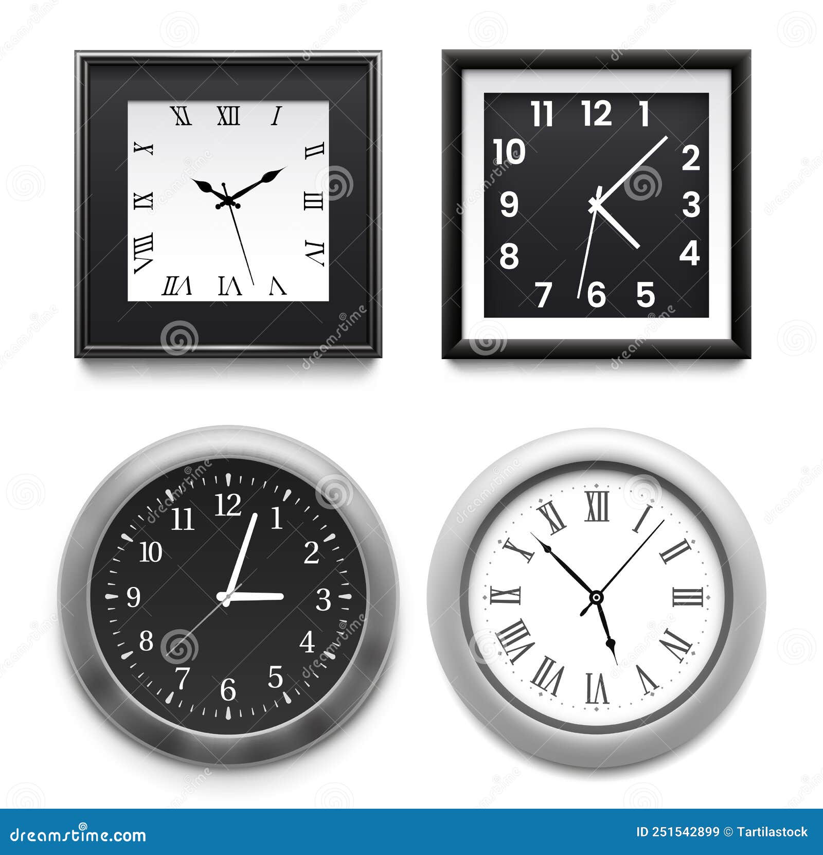 Realistic Wall Clocks. Modern Round and Square Silver Office or Home ...