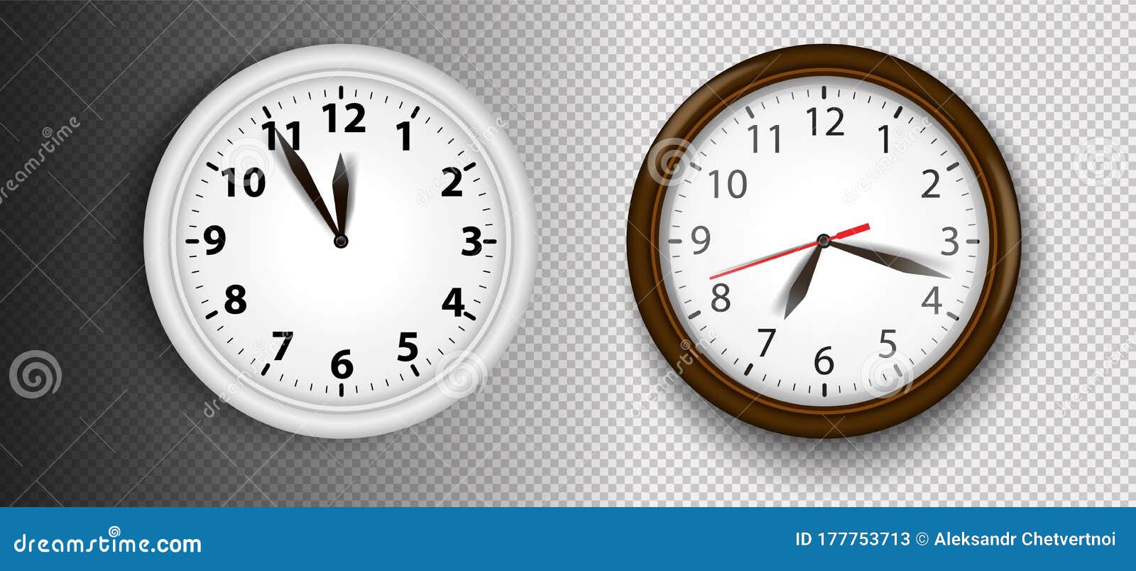 Realistic Wall Clocks Set Vector Illustration. Transparent Face. Black ...