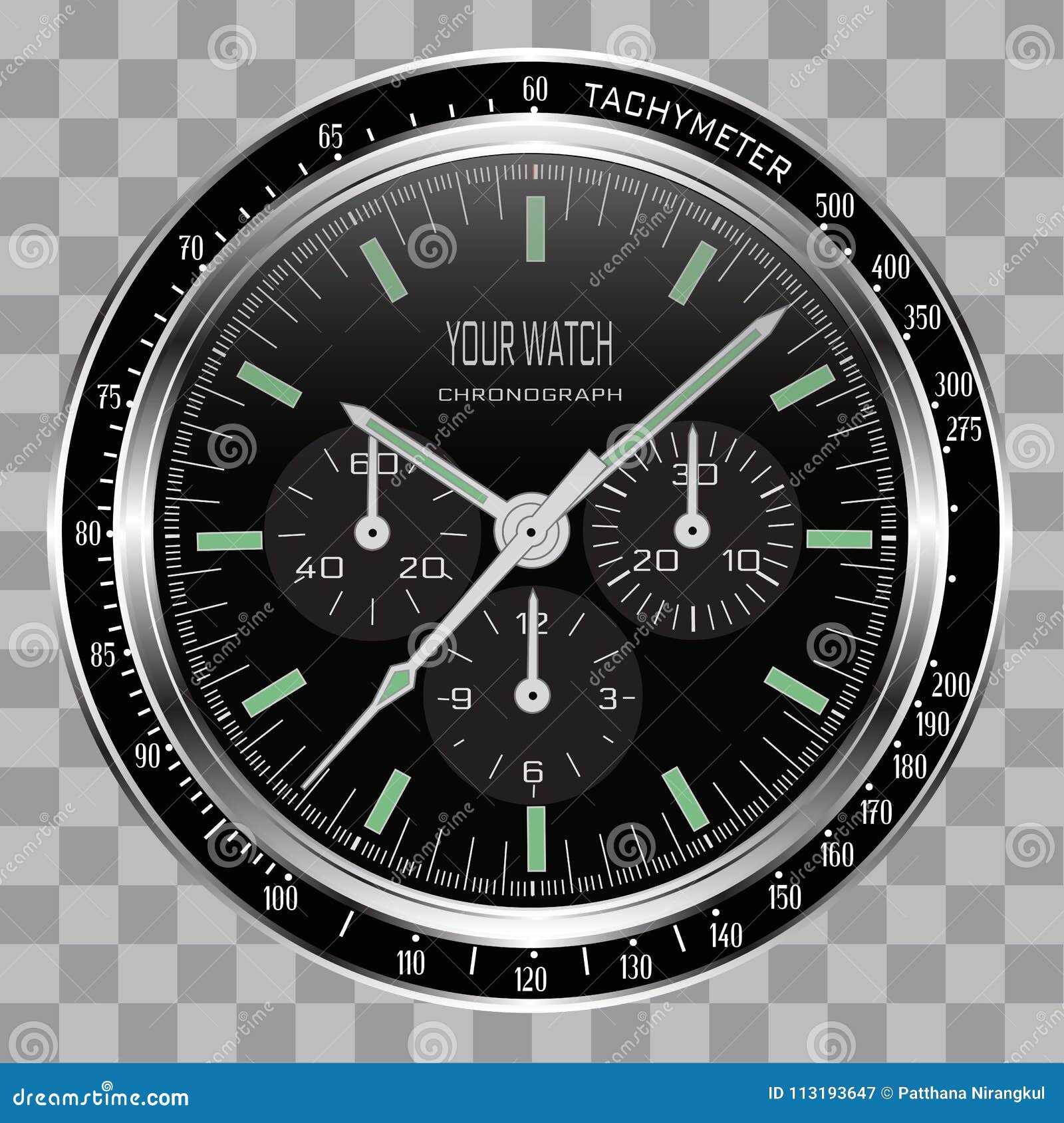 Realistic Watch Clock Chronograph Face Stainless Steel Black Dial on ...