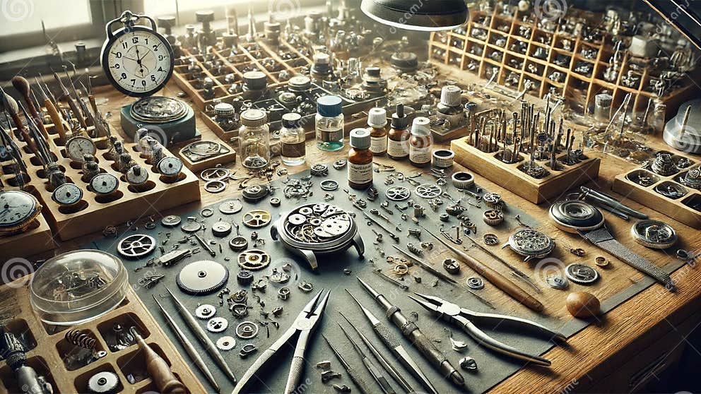 Realistic Watchmaker S Workshop with Tools on a Workbench Stock ...