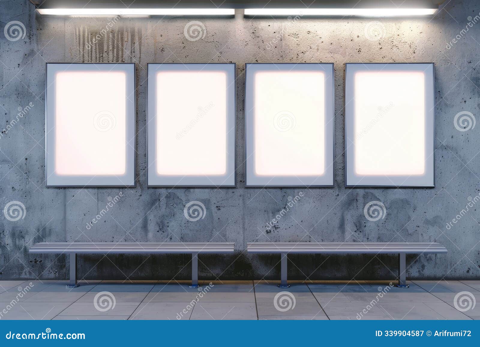 Realistic 3 White Blank Billboards Hanging on Underground Wall Mockup ...