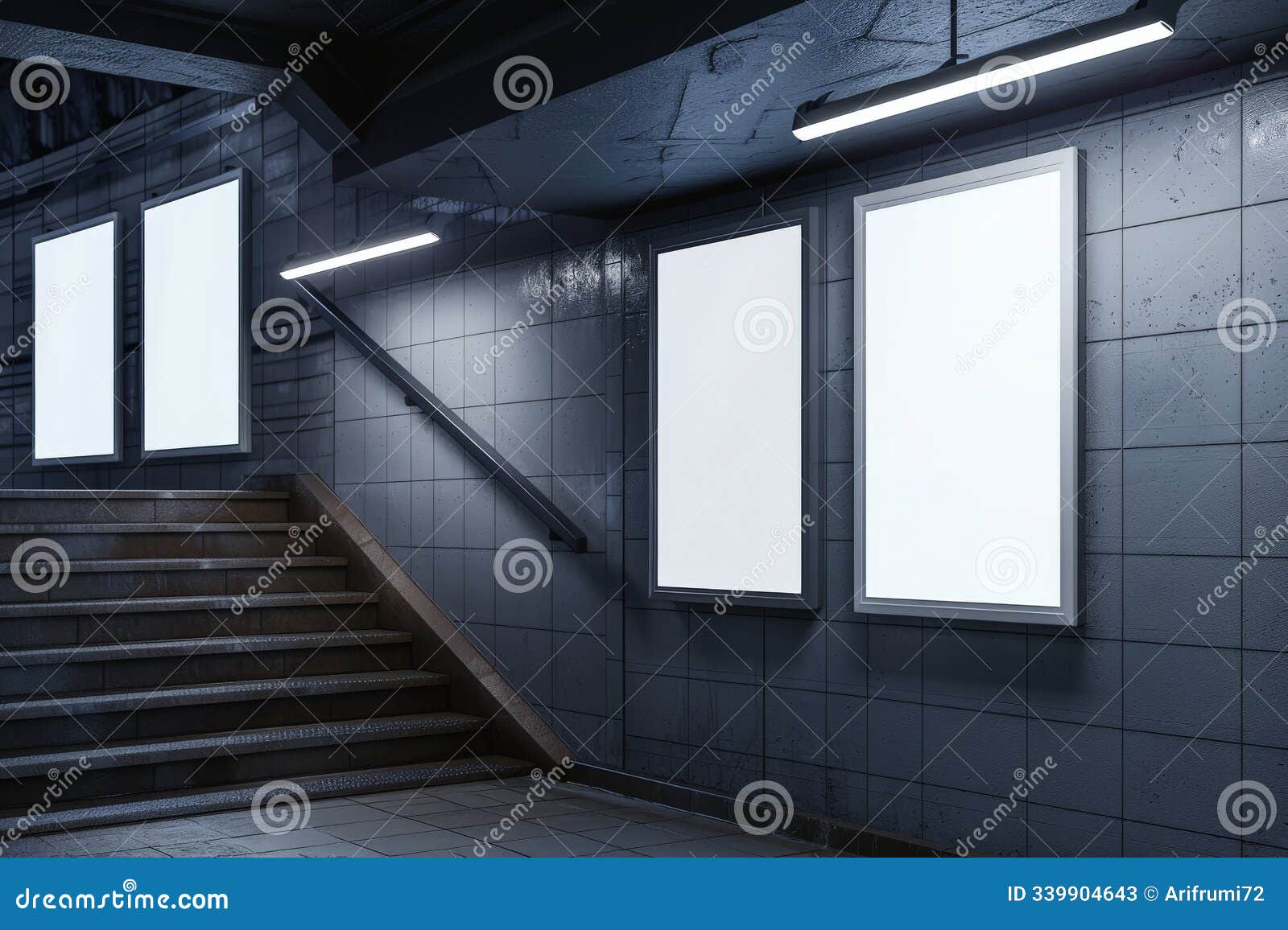 Realistic 3 White Blank Billboards Hanging on Underground Wall Mockup ...