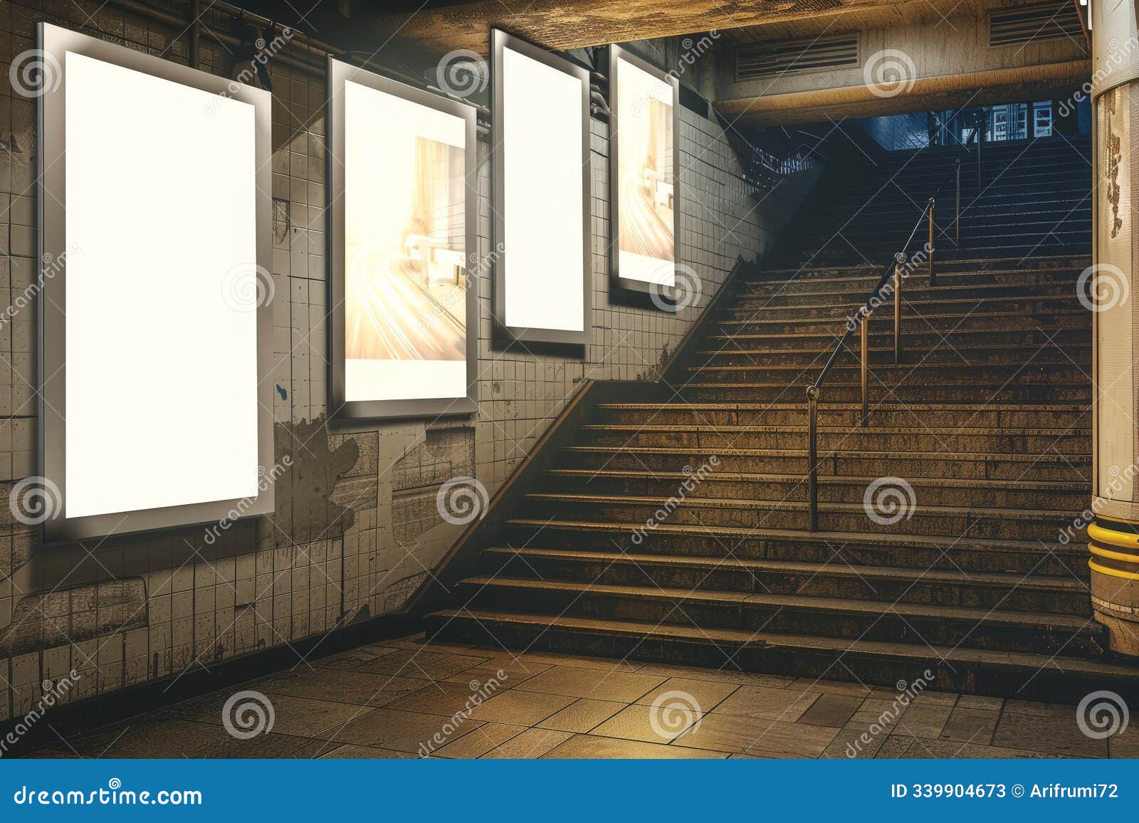 Realistic 3 White Blank Billboards Hanging on Underground Wall Mockup ...