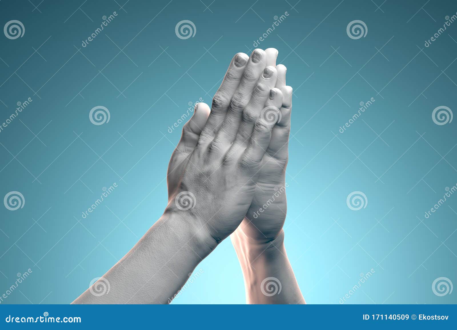 Realistic White Human Hands Folded in Prayer on Blue Background. 3d ...