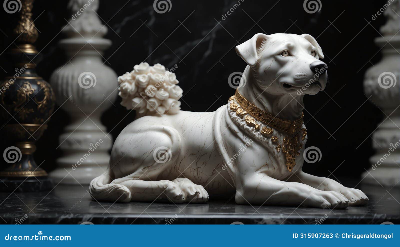 Realistic White Marble Dog Statue on Plain Black Ai Generated Stock ...